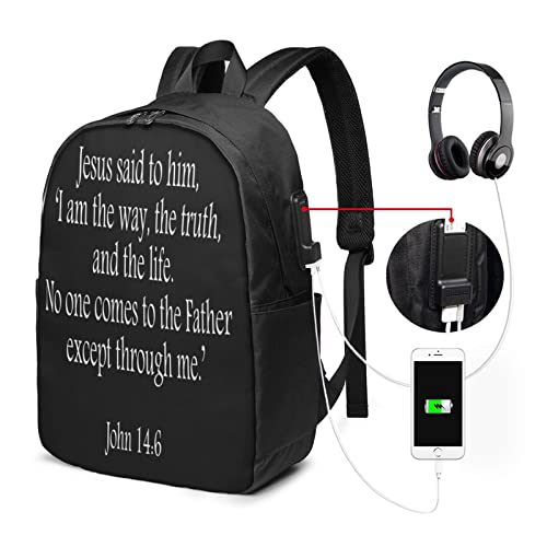 Jesus The Way Truth Life John 146 Christian Bible 17 in Laptop Backpack with USB Charging&Headphone Port Travel Business Bag