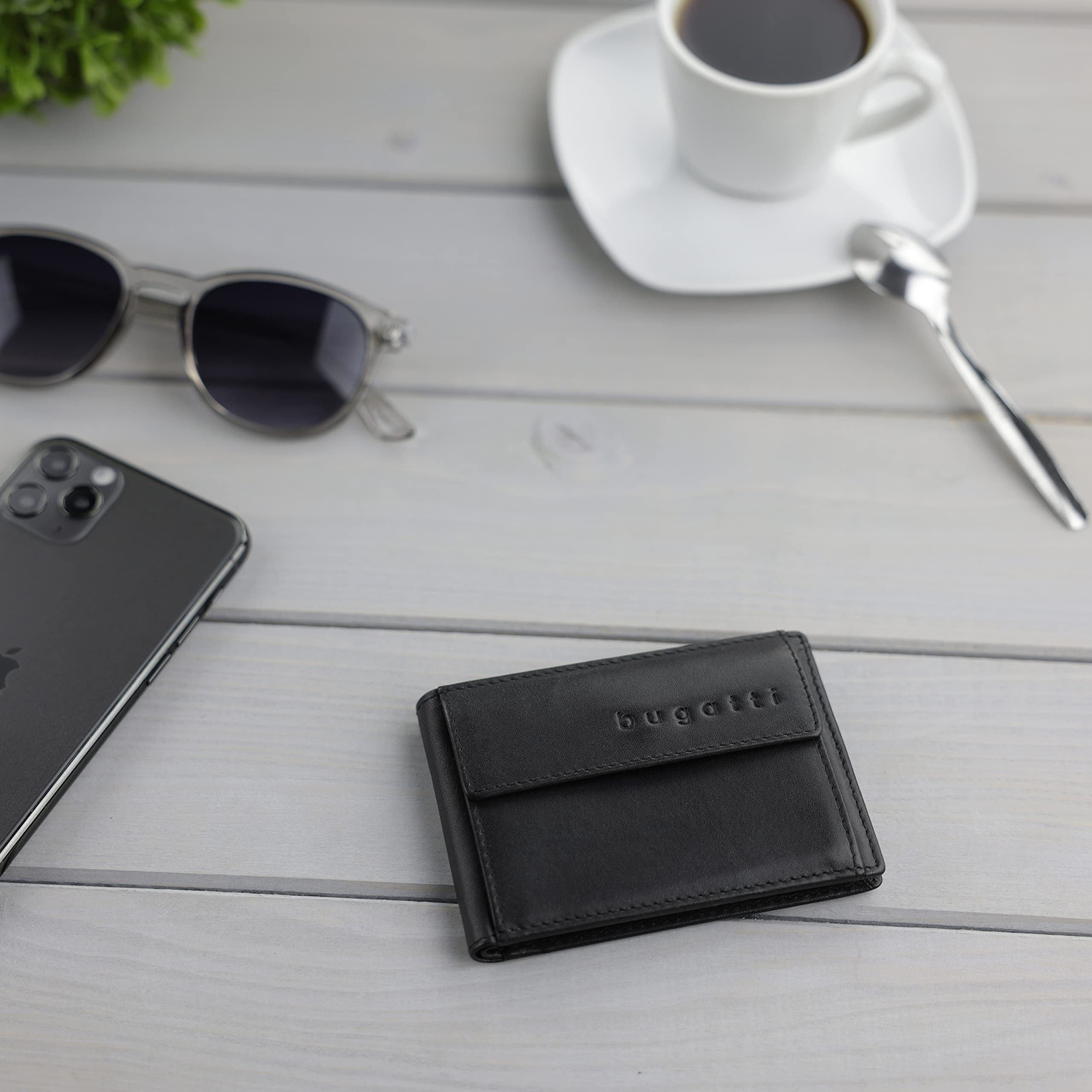 Bugatti Super Slim Mini Leather Wallet - Small Wallet with RFID Protection, Black, black