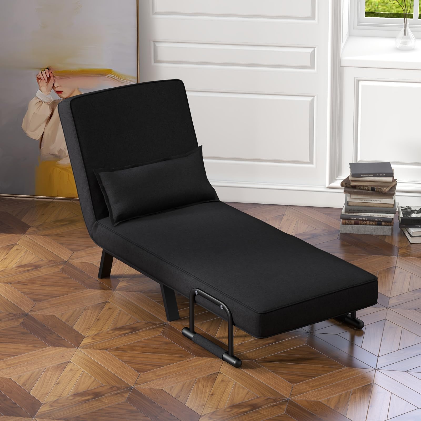 KOMFOTT Convertible Sleeper Chair Bed, 4-in-1 Folding Sofa Bed with 6-Position Adjustable Backrest, Upholstered Chaise Lounge with Removable Pillow, Leisure Recliner Lounge Couch for Home Office