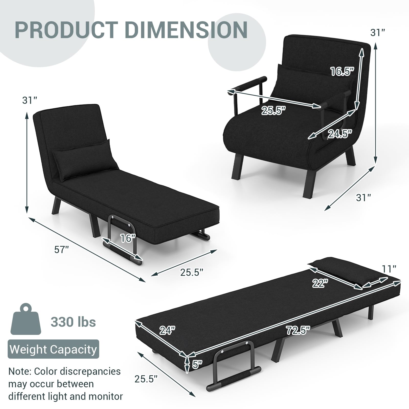 KOMFOTT Convertible Sleeper Chair Bed, 4-in-1 Folding Sofa Bed with 6-Position Adjustable Backrest, Upholstered Chaise Lounge with Removable Pillow, Leisure Recliner Lounge Couch for Home Office