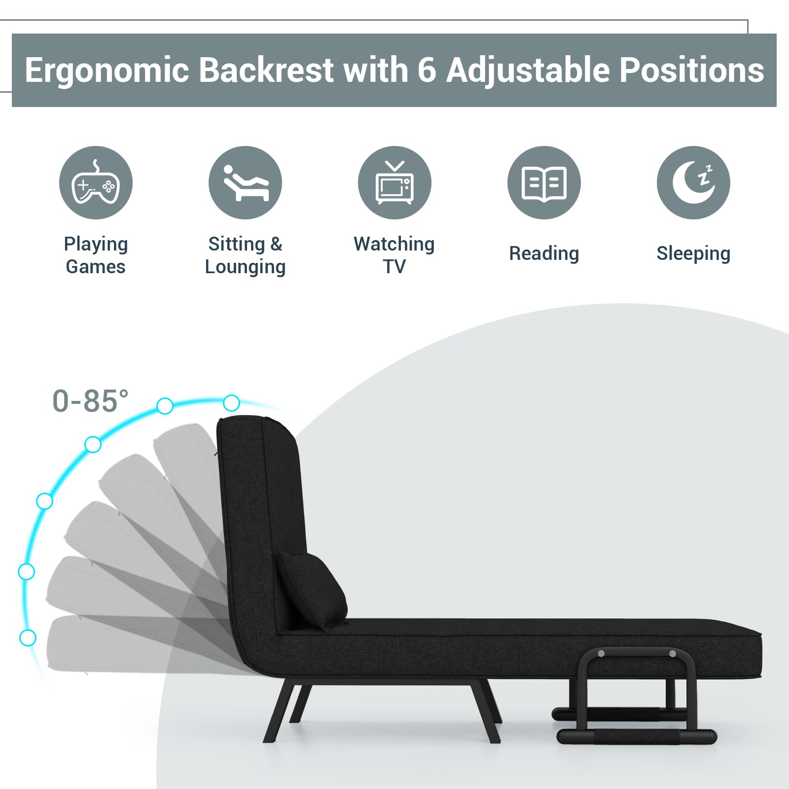 KOMFOTT Convertible Sleeper Chair Bed, 4-in-1 Folding Sofa Bed with 6-Position Adjustable Backrest, Upholstered Chaise Lounge with Removable Pillow, Leisure Recliner Lounge Couch for Home Office