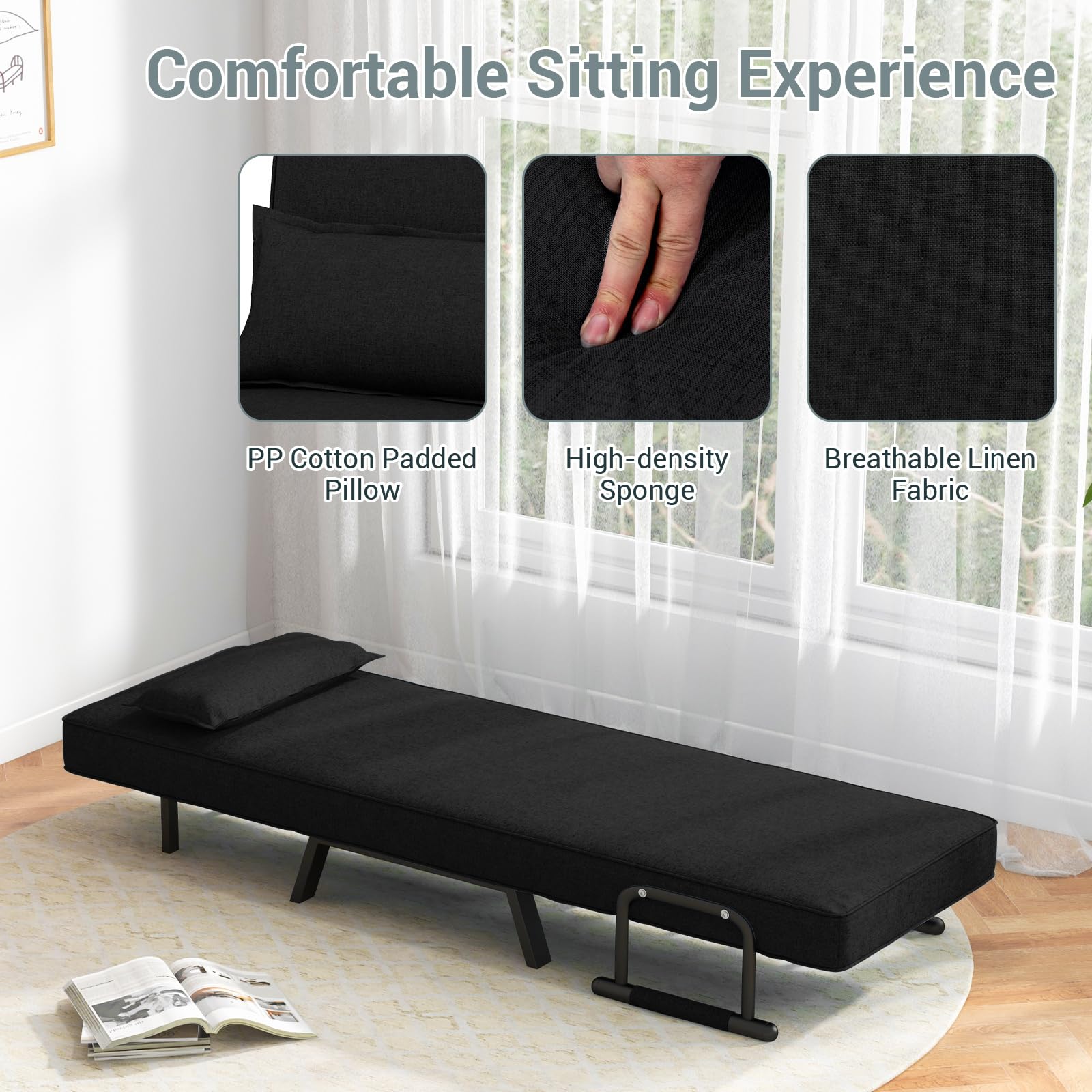 KOMFOTT Convertible Sleeper Chair Bed, 4-in-1 Folding Sofa Bed with 6-Position Adjustable Backrest, Upholstered Chaise Lounge with Removable Pillow, Leisure Recliner Lounge Couch for Home Office