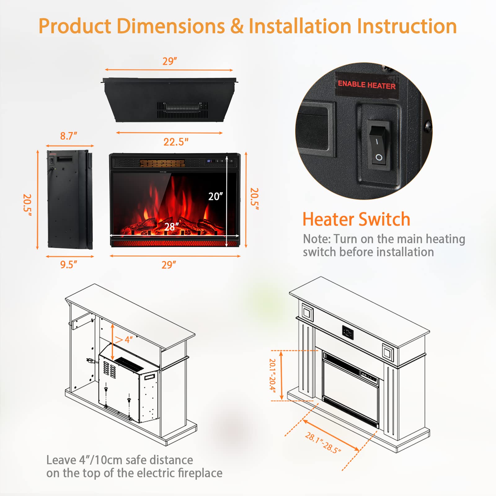 S AFSTAR 29 Inches Electric Fireplace Insert, 900/1350W Recessed Electric Fireplace w/ 3 Available Flame Colors & 4 Brightness, Touch Screen & Remote Control, Wall Mounted Electric Fireplace Heater