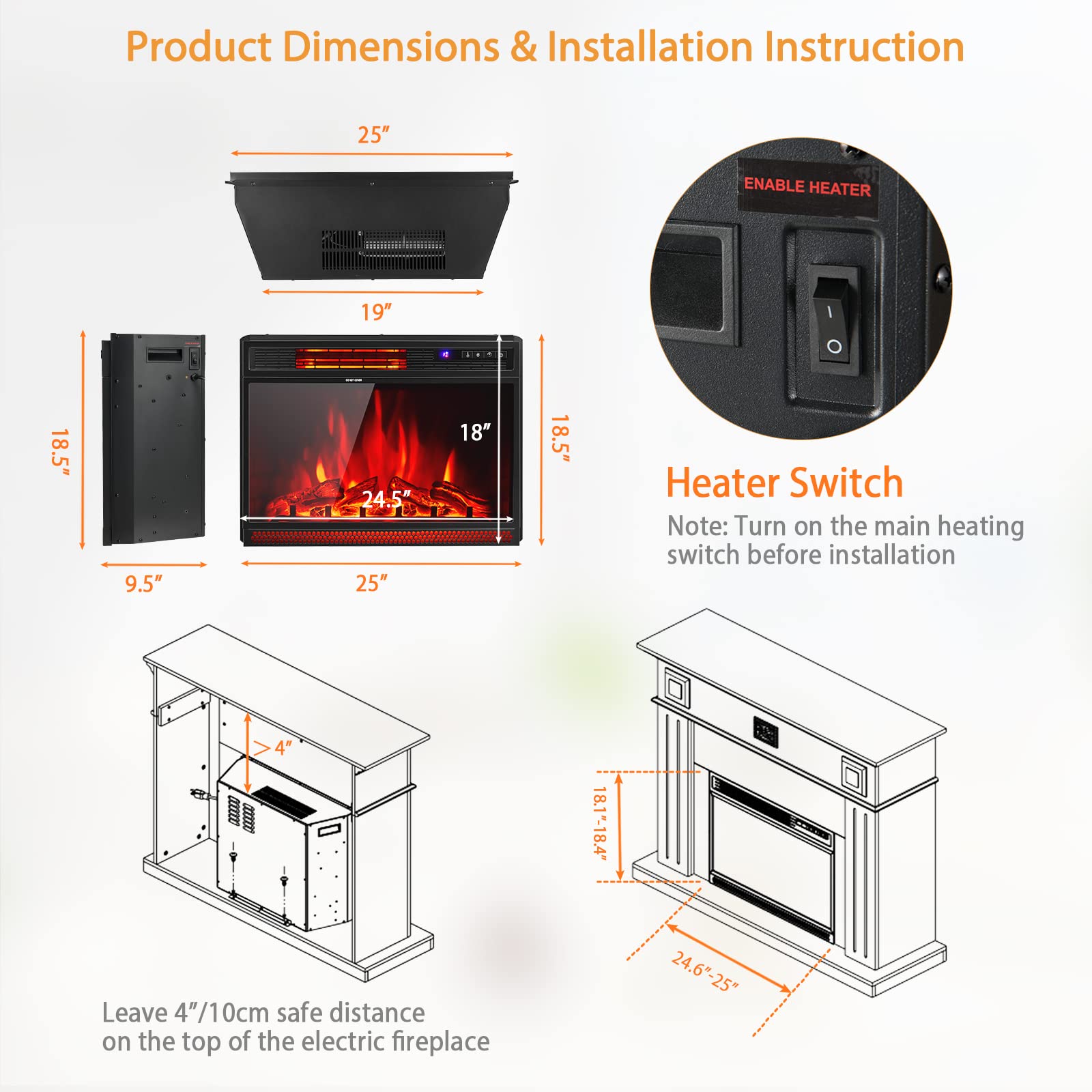 S AFSTAR 25 Inches Electric Fireplace Insert, 900/1350W Recessed Electric Fireplace w/ 3 Flame Colors & 4 Brightness, Adjustable Temperature, Electric Fireplace Heater for Wall Mounted & TV Cabinet