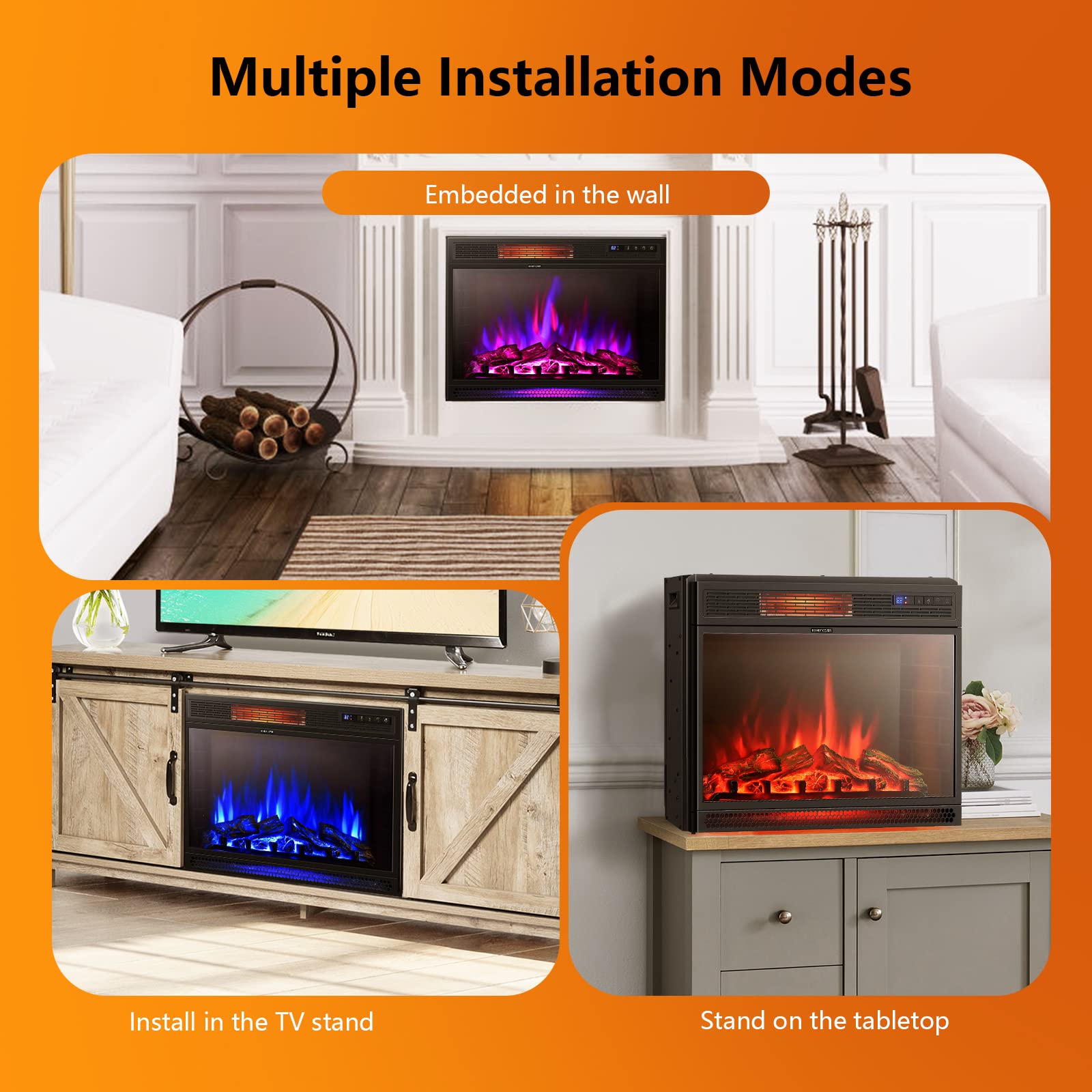 S AFSTAR 29 Inches Electric Fireplace Insert, 900/1350W Recessed Electric Fireplace w/ 3 Available Flame Colors & 4 Brightness, Touch Screen & Remote Control, Wall Mounted Electric Fireplace Heater