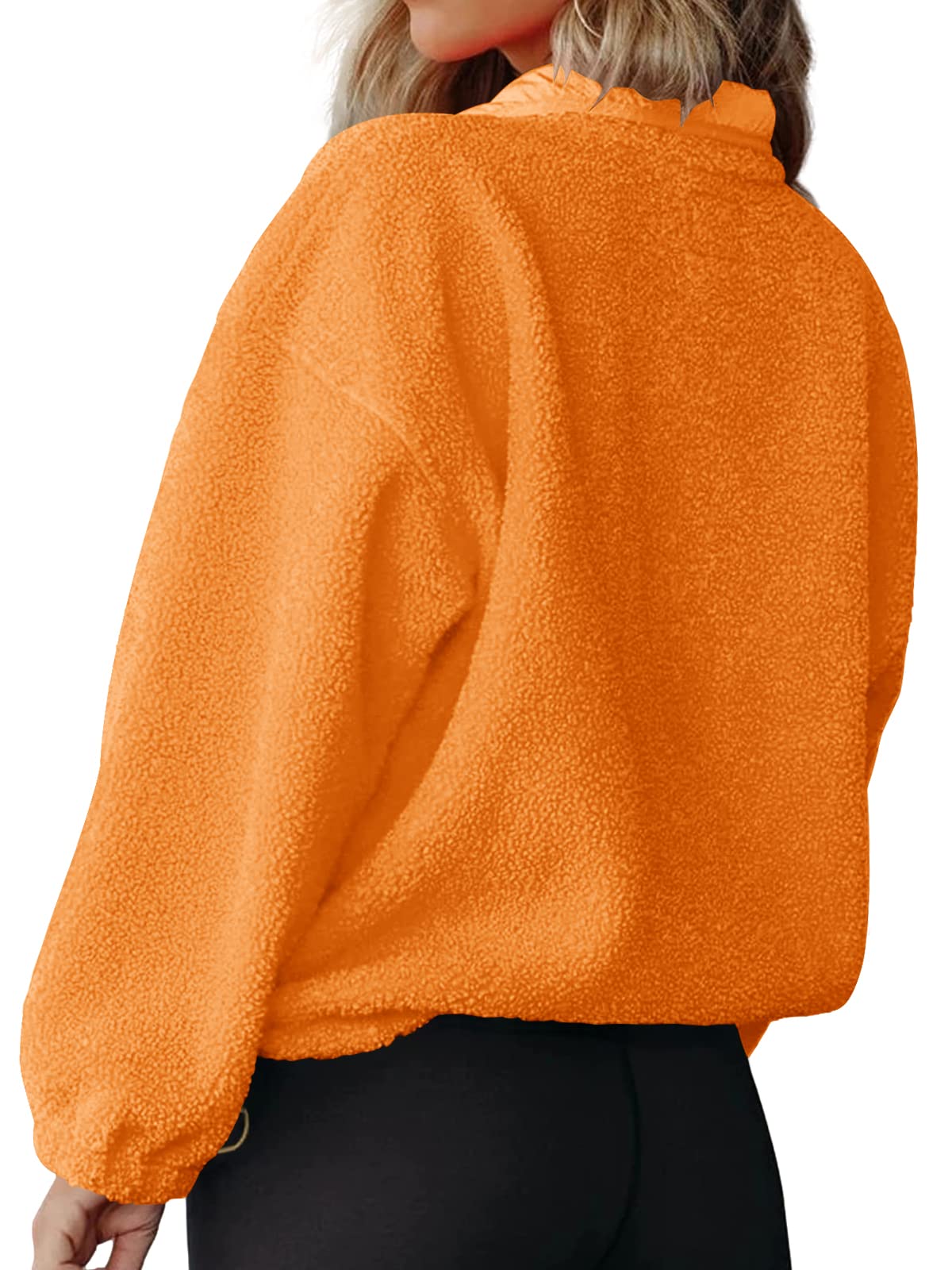 Panadila Women's Half Snap Fleece Pullover Casual Fuzzy Sherpa Sweatshirt with Pockets Trendy Long Sleeve Shirts(Orange,L)