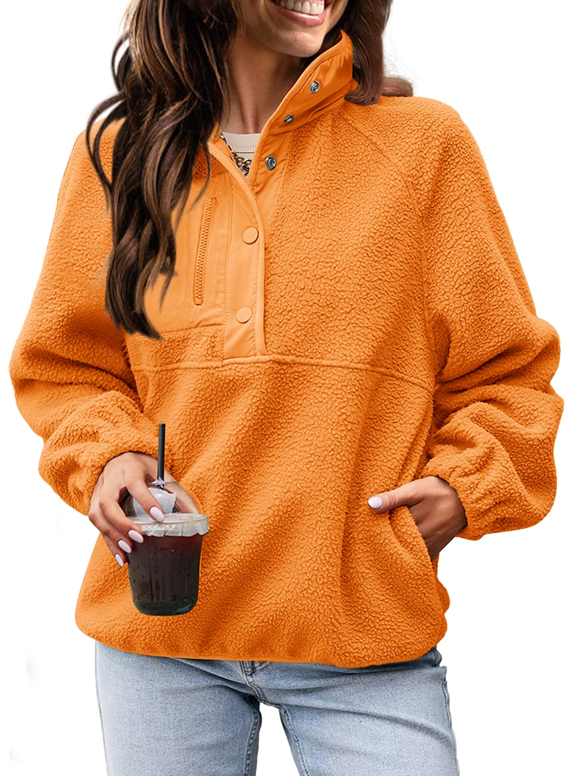 Panadila Women's Half Snap Fleece Pullover Casual Fuzzy Sherpa Sweatshirt with Pockets Trendy Long Sleeve Shirts(Orange,L)
