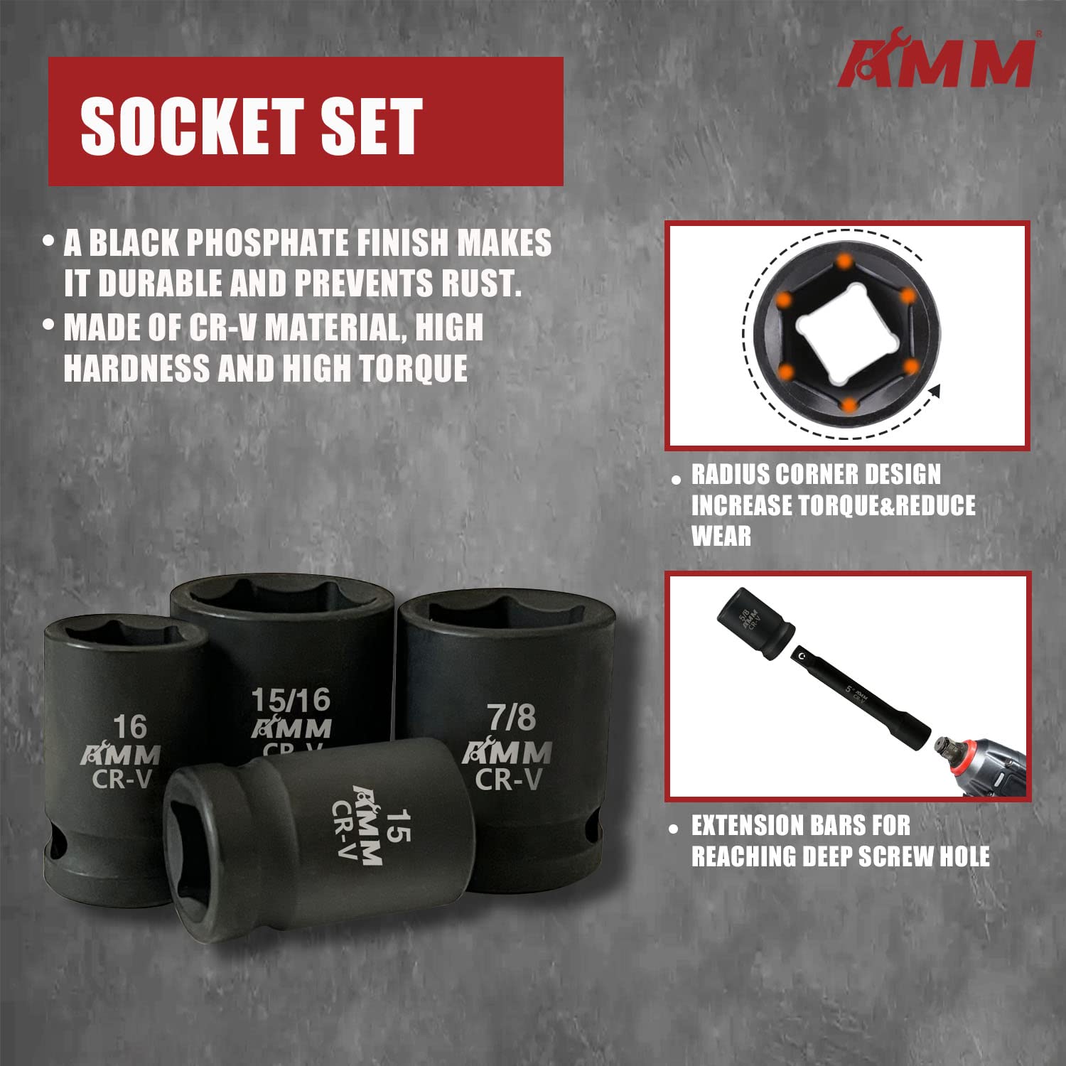 AMM 1/2" Drive Master Impact Socket Set, 24-Piece Shallow Standard SAE (7/16-Inch to 1-Inch) & Metric (13-24 mm) Sizes, Socket Assortment with Ratchet Handle,Cr-V Steel