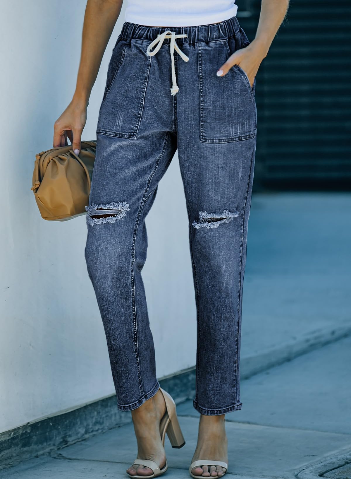 Sidefeel Women's Jeans Cargo Pants High Waisted Ripped Denim Joggers Pull On Elastic Drawstring Waist Trousers Blue Size 4
