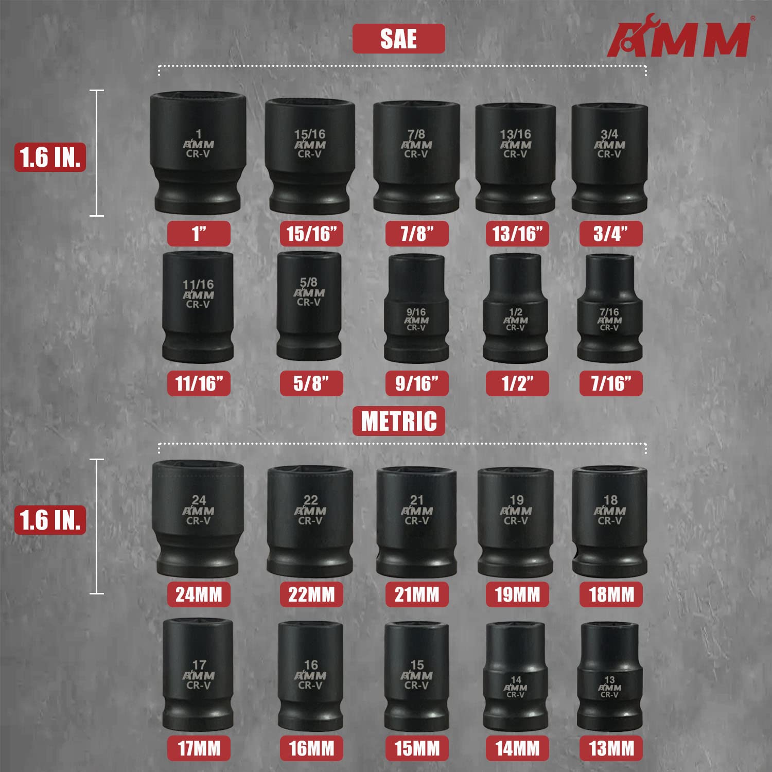 AMM 1/2" Drive Master Impact Socket Set, 24-Piece Shallow Standard SAE (7/16-Inch to 1-Inch) & Metric (13-24 mm) Sizes, Socket Assortment with Ratchet Handle,Cr-V Steel