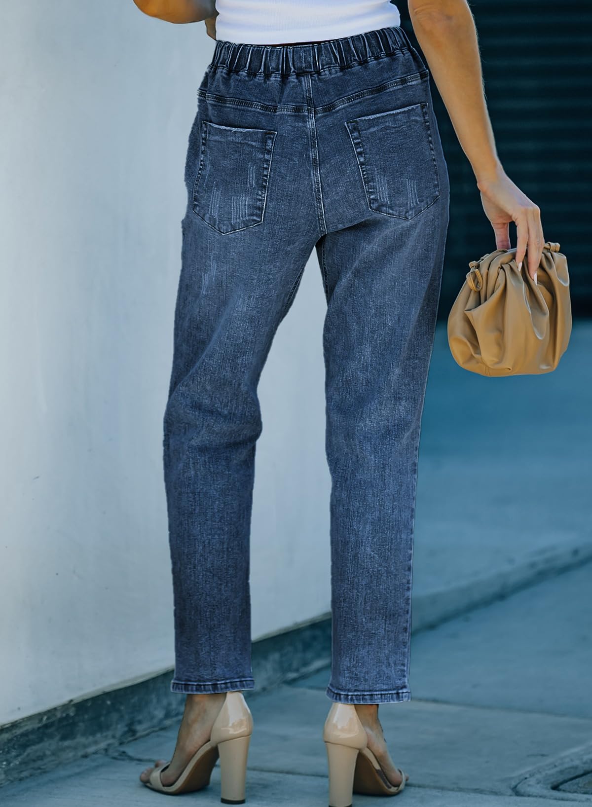 Sidefeel Women's Jeans Cargo Pants High Waisted Ripped Denim Joggers Pull On Elastic Drawstring Waist Trousers Blue Size 4