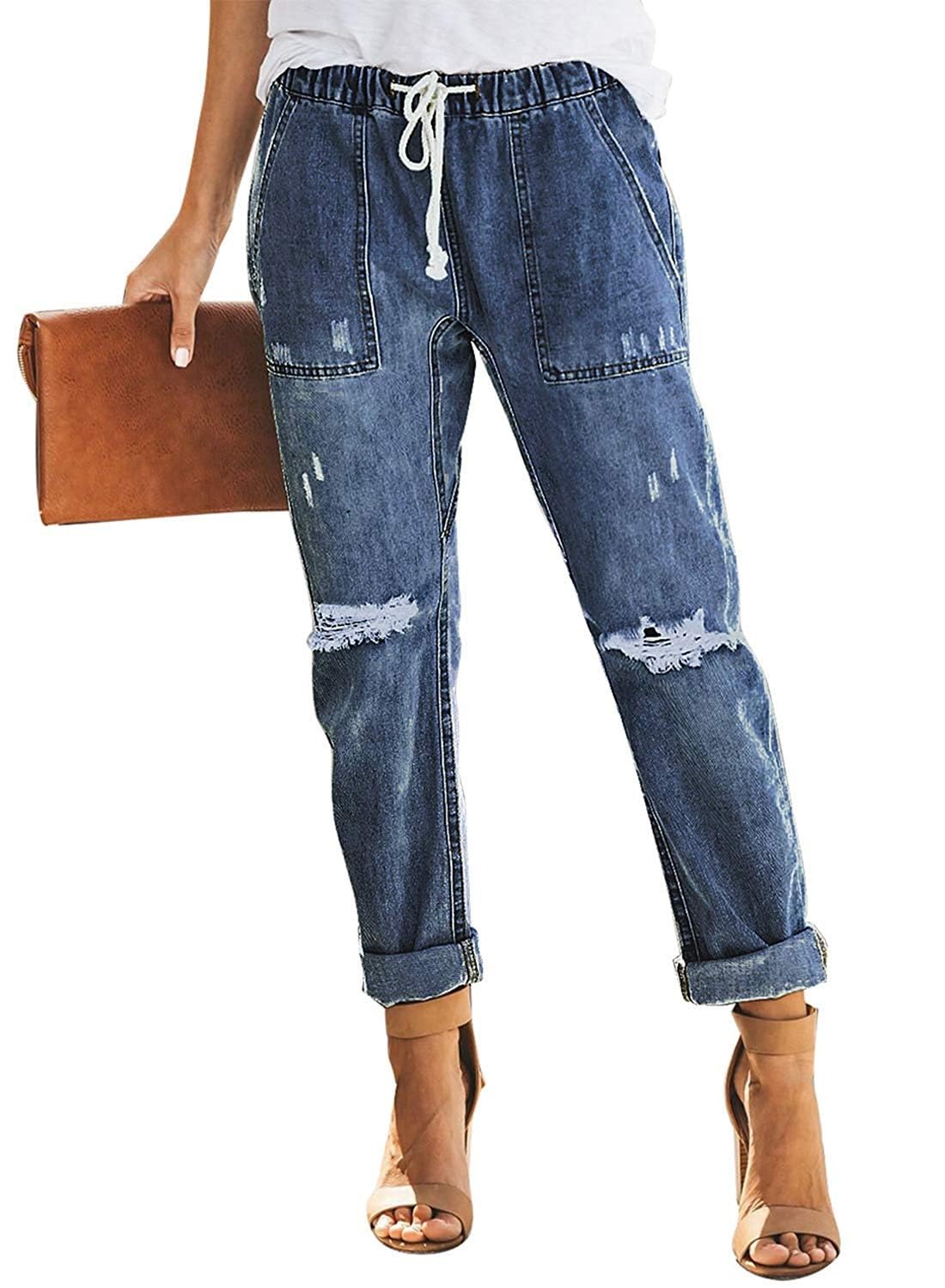 Sidefeel Women's Jeans Cargo Pants High Waisted Ripped Denim Joggers Pull On Elastic Drawstring Waist Trousers Blue Size 4