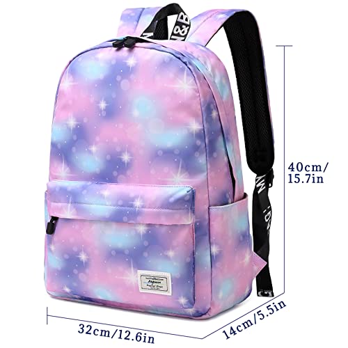 Lohol Galaxy School Backpack with Lunch Box, Lightweight Water Resistant BookBag Set for Kids Girls Teens (Pink&Purple