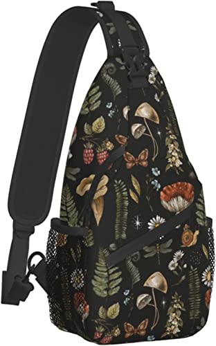 Sling Bag Vintage Magic Mushroom Leaf Forest Hiking Daypack Crossbody Shoulder Backpack Travel Chest Pack for Men Women
