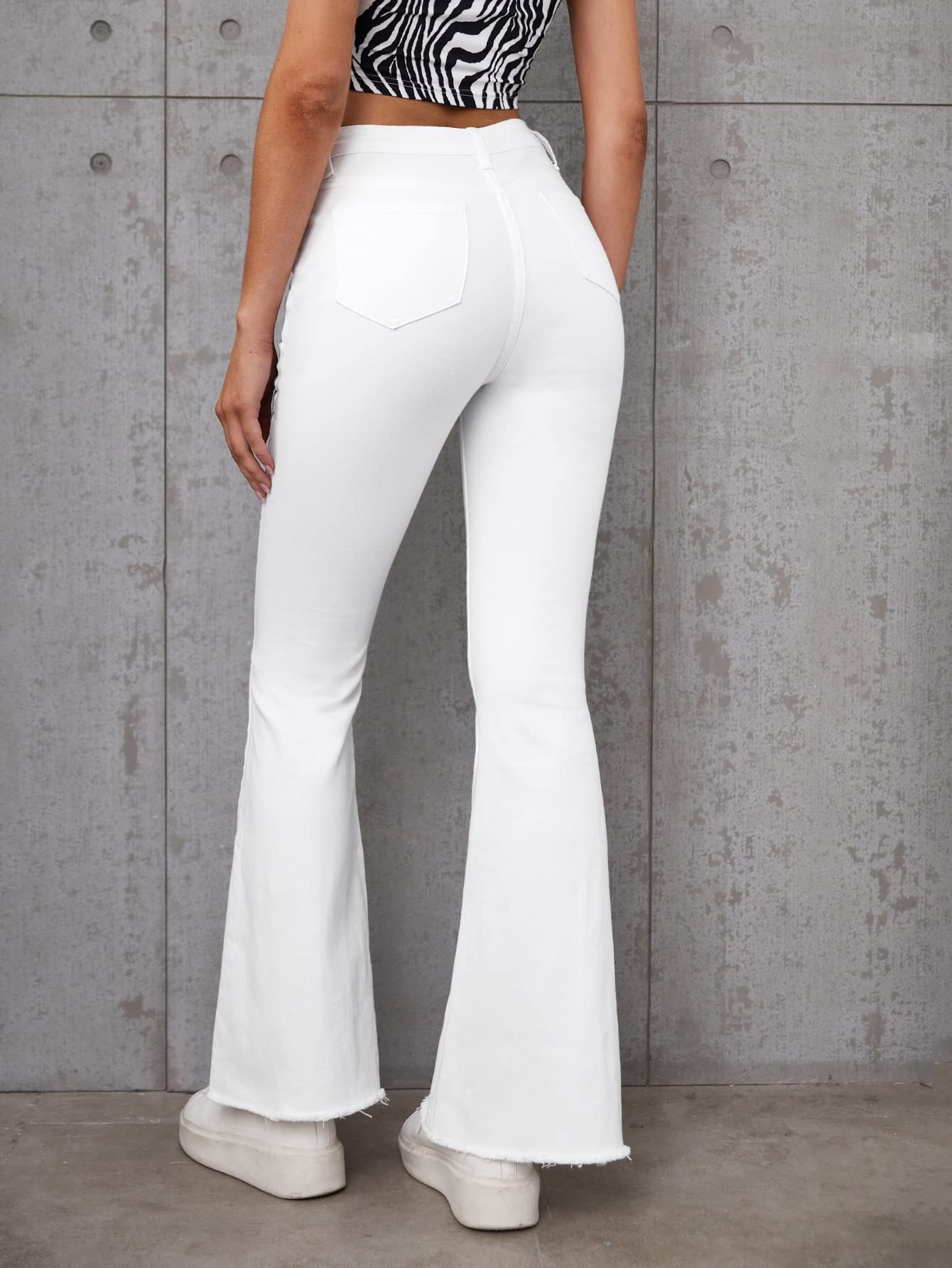 SweatyRocks Women's Casual High Waisted Flare Leg Jeans Raw Hem Bell Bottom Denim Pants White XS