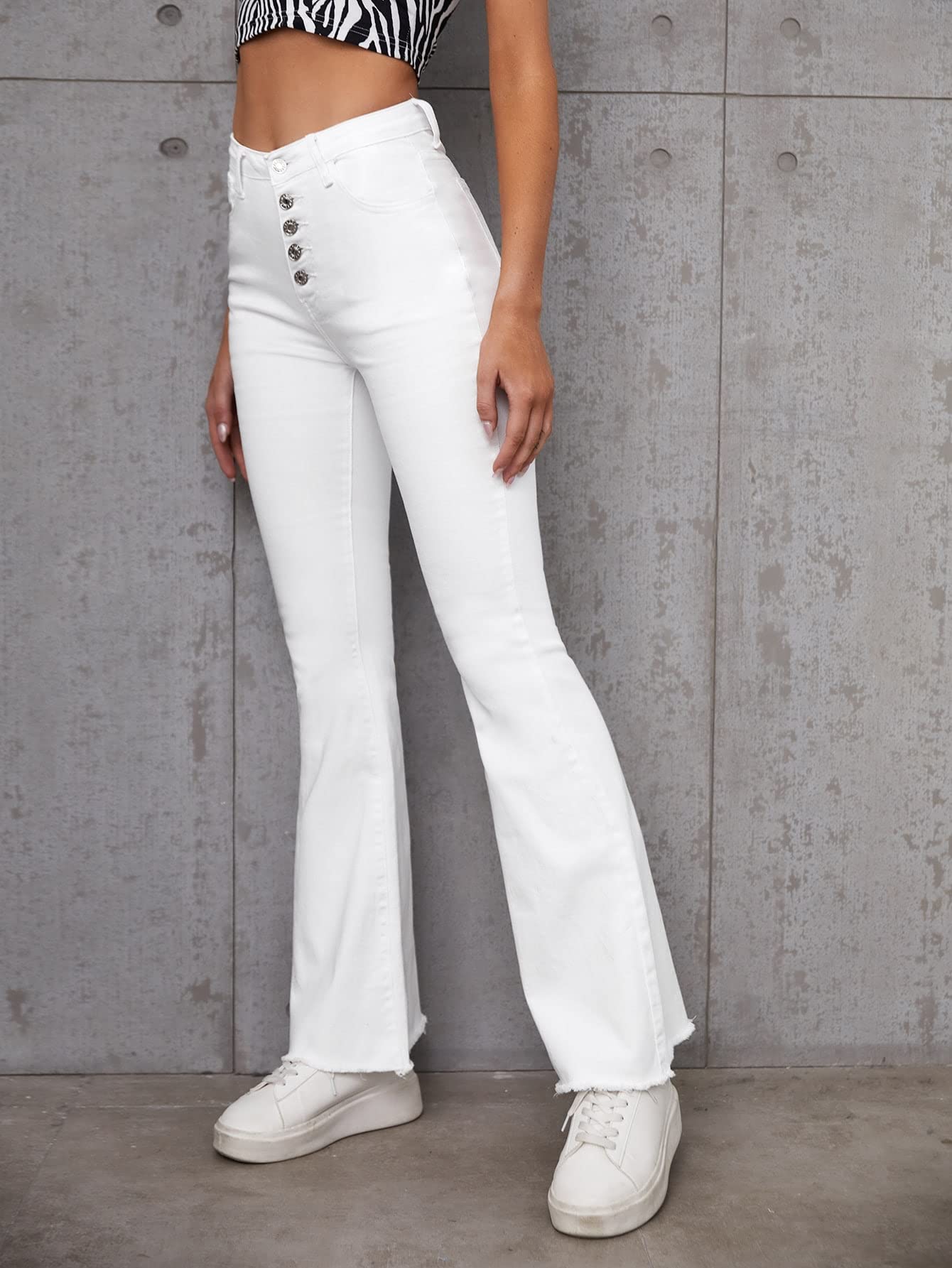 SweatyRocks Women's Casual High Waisted Flare Leg Jeans Raw Hem Bell Bottom Denim Pants White XS