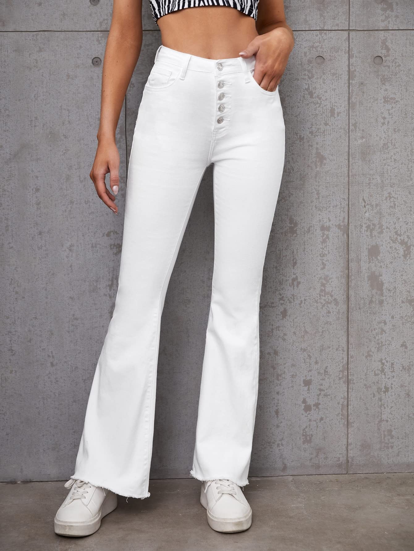 SweatyRocks Women's Casual High Waisted Flare Leg Jeans Raw Hem Bell Bottom Denim Pants White XS