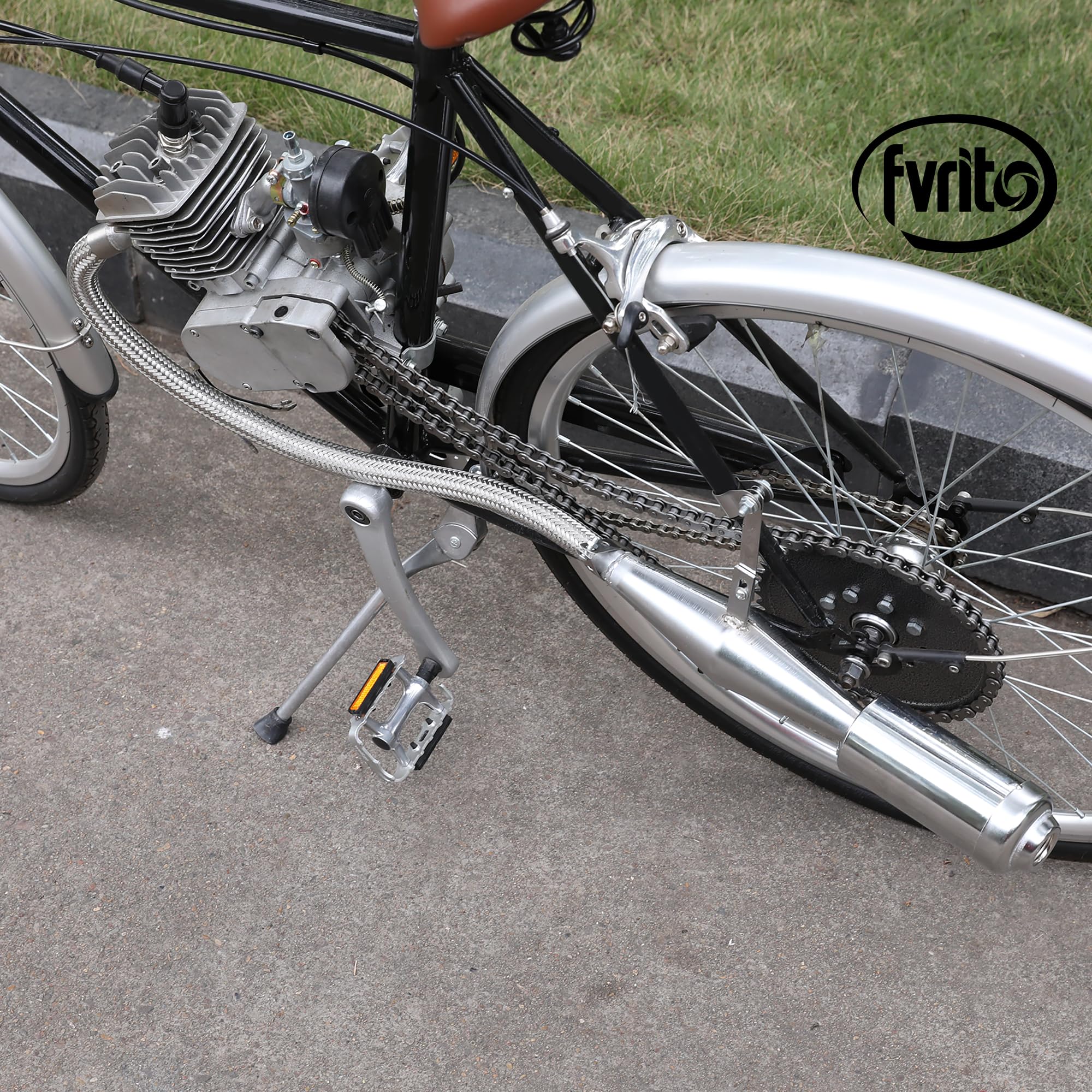 FVRITO Viper Flexible Exhaust Muffler Pipe Silencer with Hardware for 2 Stroke 49cc 60cc 66cc 80cc 100cc Engine Gas Motorized Bicycle Motor Bike Parts Silver