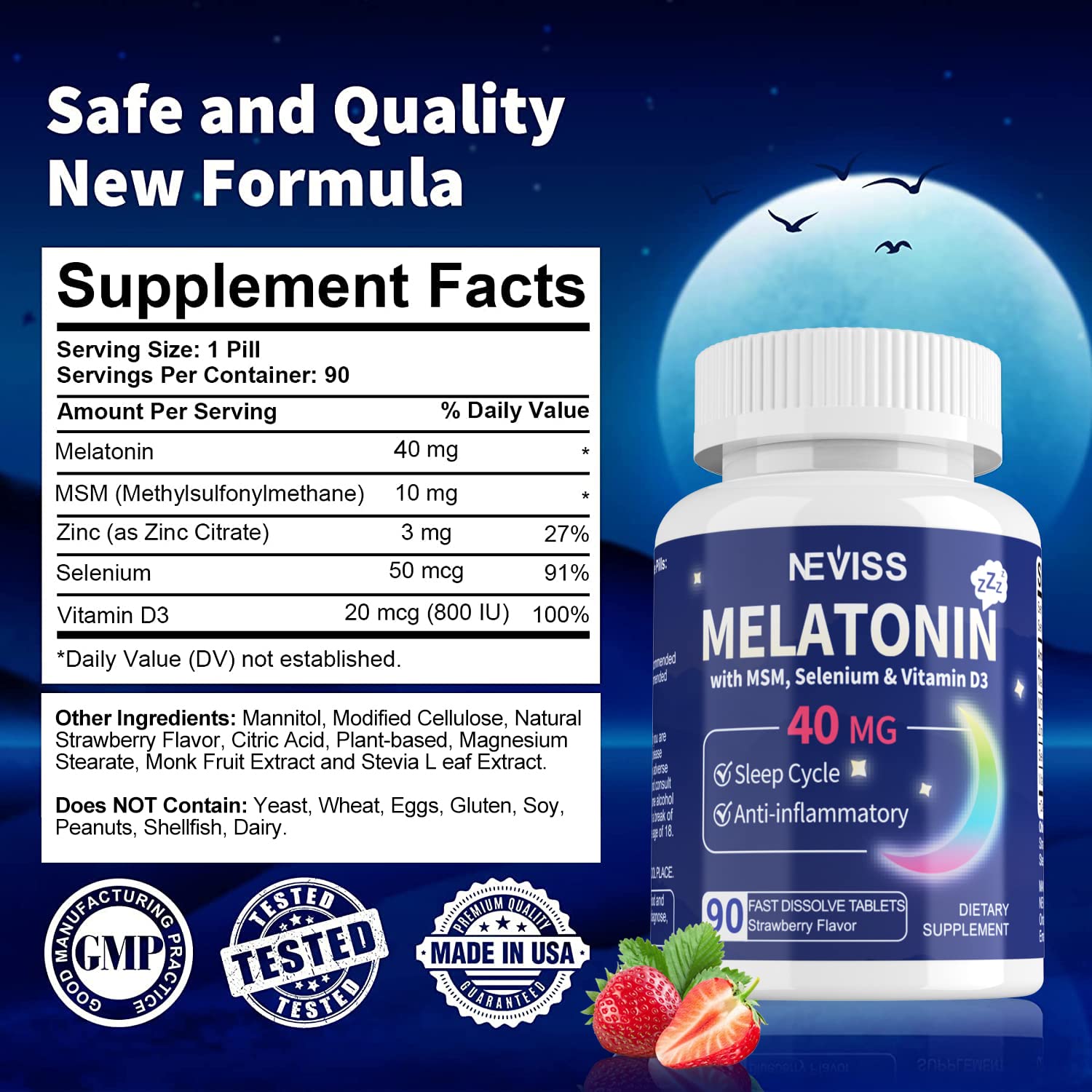 Melatonin 40 mg for Adults - Fast Dissolve & Chewable Sublingual Sleep Supplement - Extra Strength Melatonin with Vitamin D3 & MSM, Selenium for Health Rest Cycle, Deep Zzzs, Sugar-Free, 180 Servings