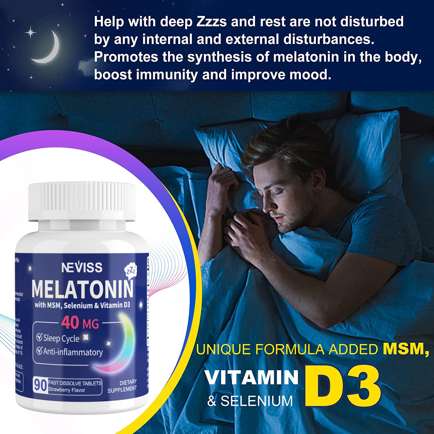 Melatonin 40 mg for Adults - Fast Dissolve & Chewable Sublingual Sleep Supplement - Extra Strength Melatonin with Vitamin D3 & MSM, Selenium for Health Rest Cycle, Deep Zzzs, Sugar-Free, 180 Servings