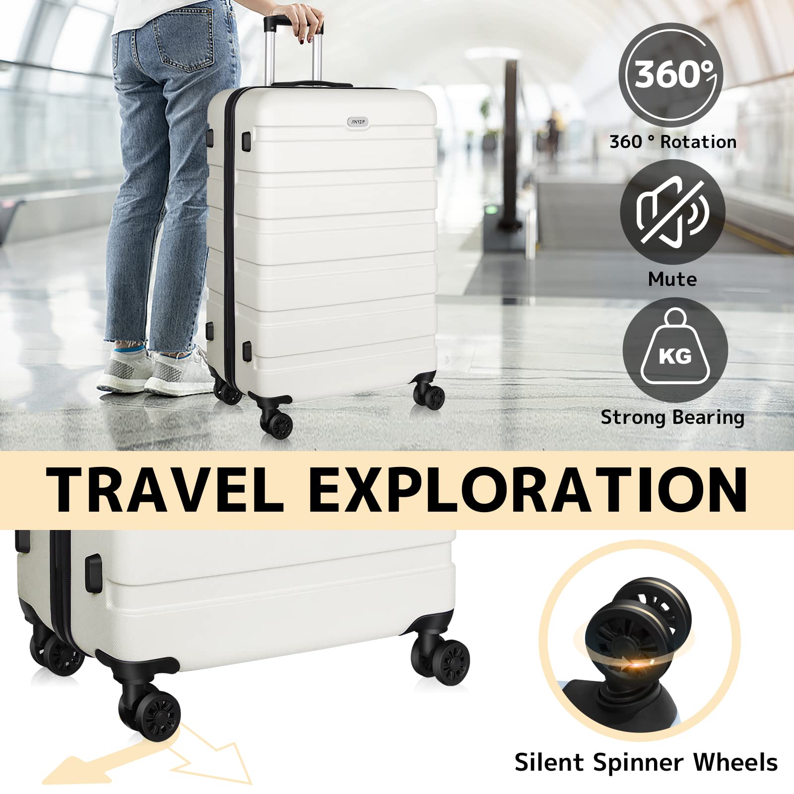 AnyZip Luggage PC ABS Hardside Lightweight Suitcase with 4 Universal Wheels TSA Lock Carry-On 20 Inch White
