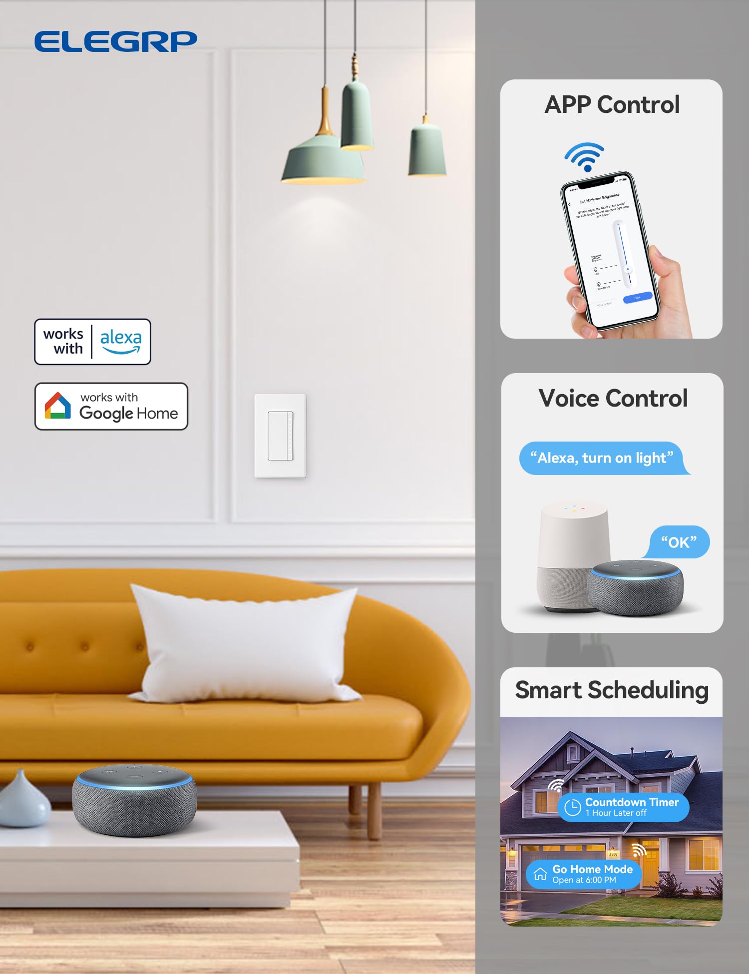 ELEGRP Smart Dimmer Light Switch DPR30, 2.4GHz Wi-Fi Dimmer Switch Compatible with Alexa/Google Assistant, Single Pole/3 Way, Needs Neutral Wire, No Hub Required, UL and FCC Listed, White, 10 Pack
