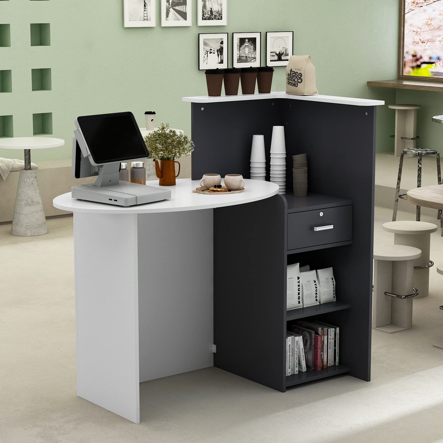 47.7" w L-Shape Laminate Reception Desk Black Bohemian Eclectic Urban L-Shape MDF Matte Drawers