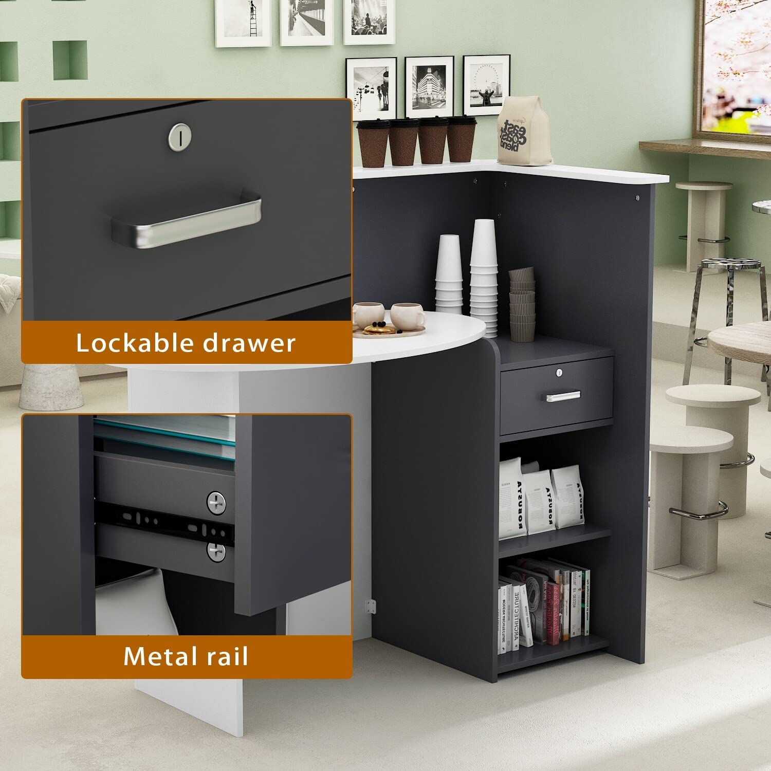 47.7" w L-Shape Laminate Reception Desk Black Bohemian Eclectic Urban L-Shape MDF Matte Drawers