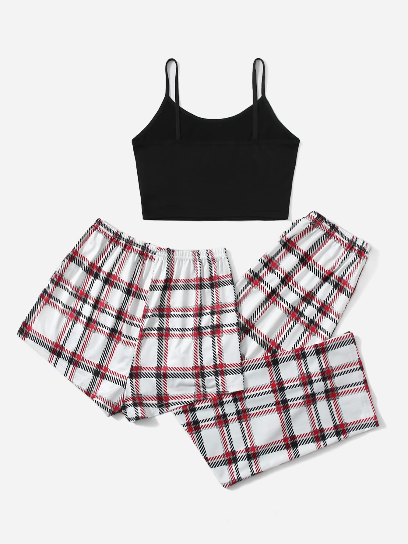 GORGLITTER Women's 3 Piece Plaid Pajamas Pants Set Cami Top with Shorts Loungewear Sleepwear Black White and Red Medium