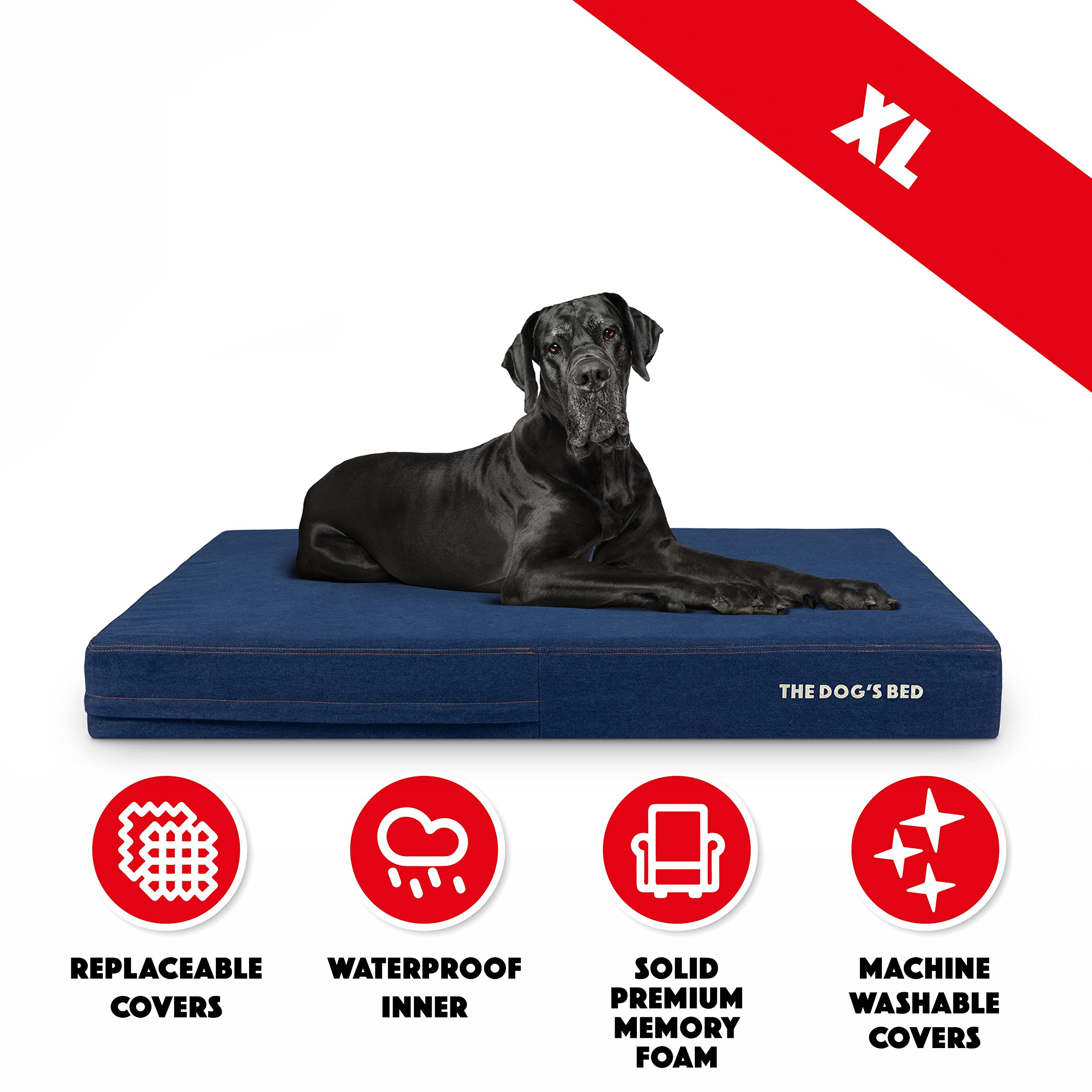 The Dog’s Bed Orthopedic Memory Foam Dog Bed, XXL Blue Denim54x36, Pain Relief for Arthritis, Hip & Elbow Dysplasia, Post Surgery, Lameness, Supportive, Calming, Waterproof Washable Cover