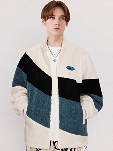 Aelfric Eden Mens Color Patchwork Oversized Sweater Sherpa Jackets Faux Shearling Shaggy Full-Zip Jackets Warm Fuzzy Coats