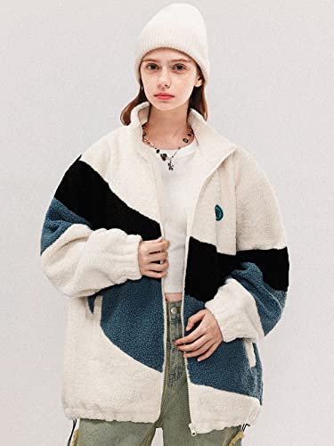 Aelfric Eden Mens Color Patchwork Oversized Sweater Sherpa Jackets Faux Shearling Shaggy Full-Zip Jackets Warm Fuzzy Coats