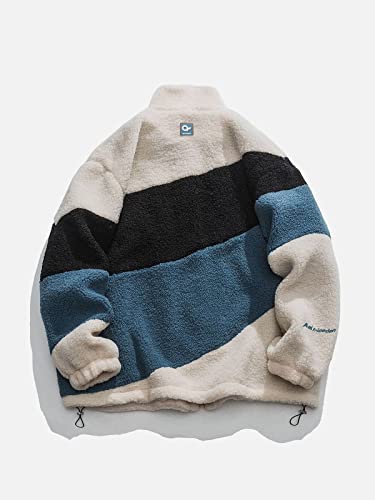 Aelfric Eden Mens Color Patchwork Oversized Sweater Sherpa Jackets Faux Shearling Shaggy Full-Zip Jackets Warm Fuzzy Coats