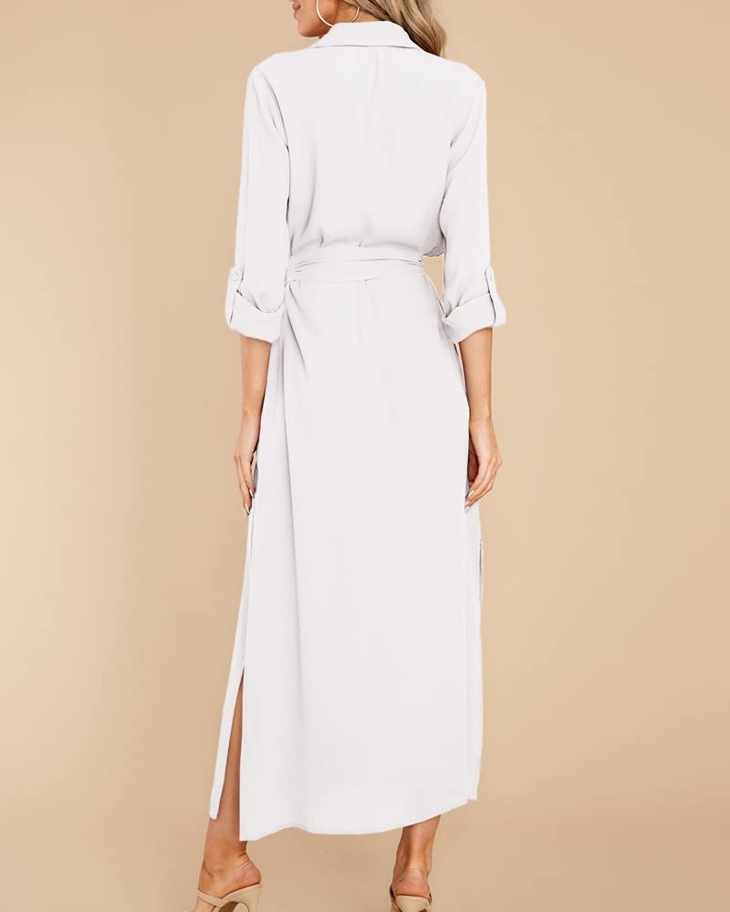 Fekermia Women's Button Down Maxi Shirts Dress- Casual Roll Up Long Sleeve Shirt Dress Slits Dresses White XX-Large
