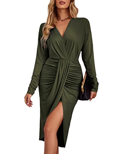 KOJOOIN Women's Long Sleeve Wrap V Neck Ruched Bodycon Dress High Empire Waist Slit Hem Sexy Cocktail Party Midi Dress Army Green XL