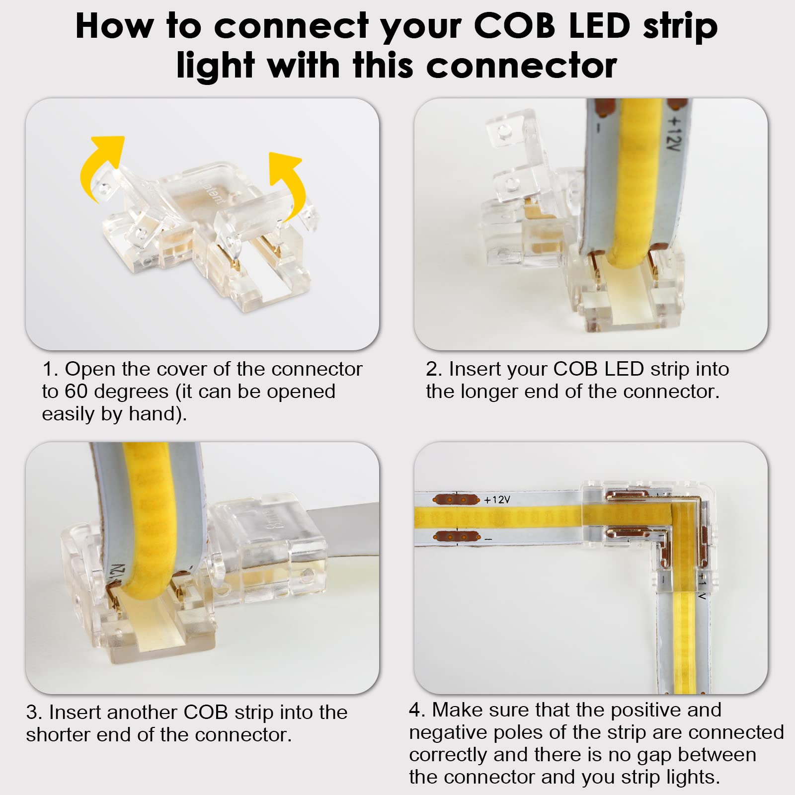 RGBZONE 12Pcs 2Pin L-Shaped COB LED Connectors 8mm Strip to Strip Solderless Corner Connector for 2pin 8mm COB LED Strip Lights