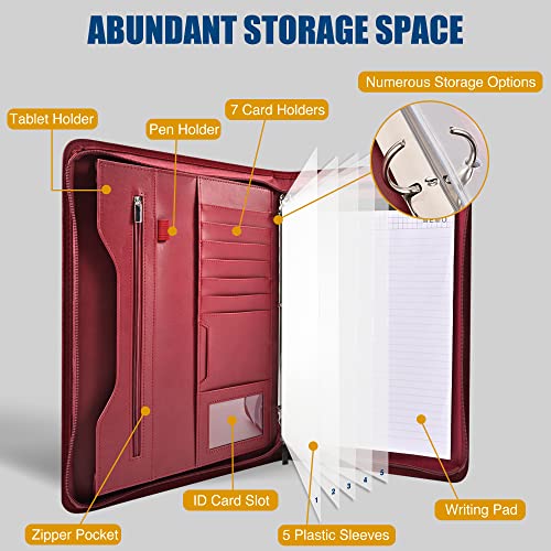 Linaxbong Padfolio Portfolio Business Binders—3 Ring Binders,Secure Zippered Closure,Resume padfolio Business Organizer—Pu Leather Padfolio Portfolio Binders for Men & Women(WR)