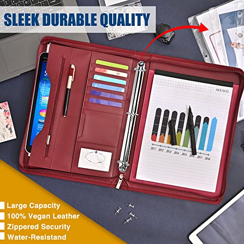 Linaxbong Padfolio Portfolio Business Binders—3 Ring Binders,Secure Zippered Closure,Resume padfolio Business Organizer—Pu Leather Padfolio Portfolio Binders for Men & Women(WR)
