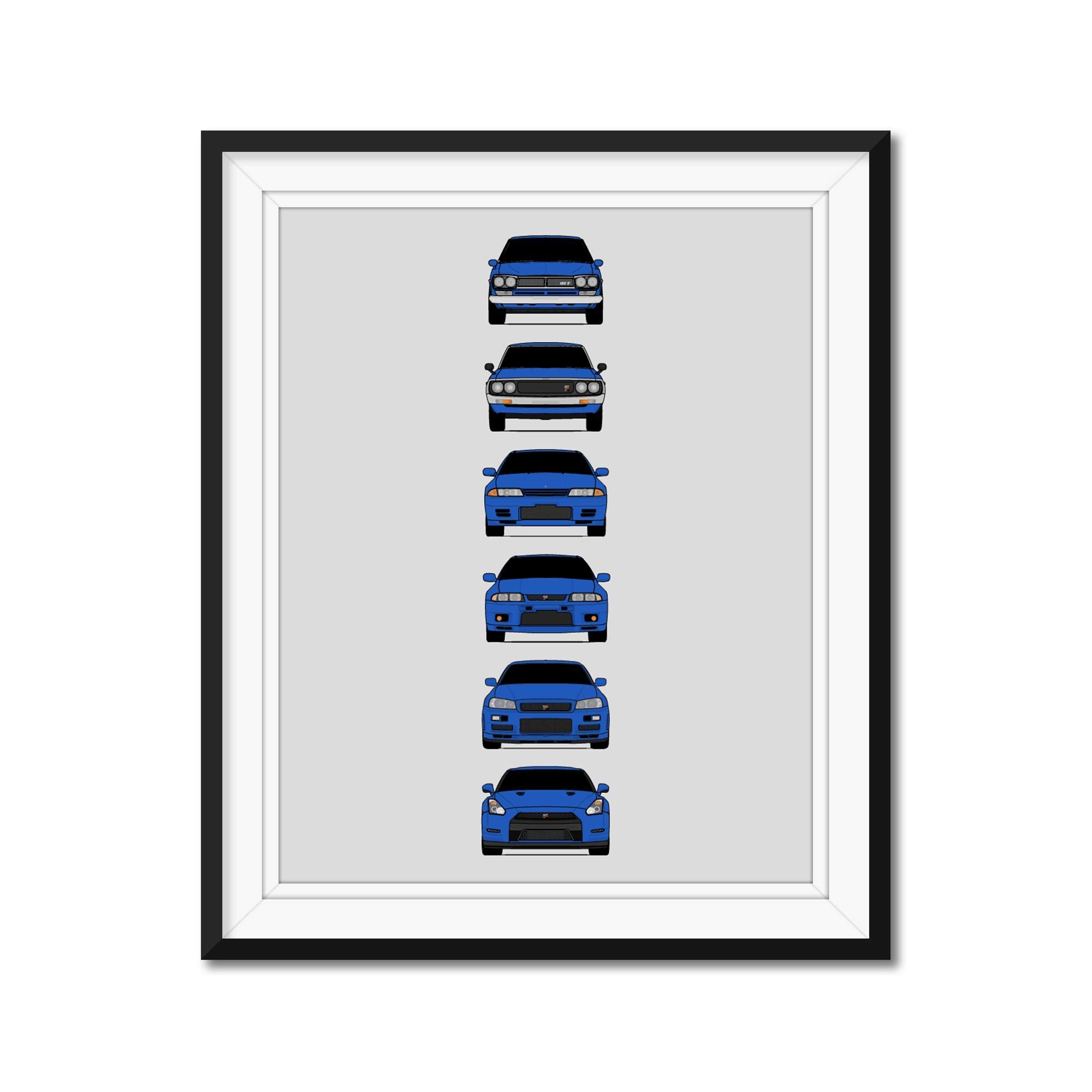 Custom Car Posters History of Nissan Skyline GT-R and Handmade Print of Nissan Skyline GTR (KPGC10, KPGC110, R32, R33, R34, R35) - Bayside Blue, 8x10" Metallic Print (Unframed)- Gift Car Enthusiast