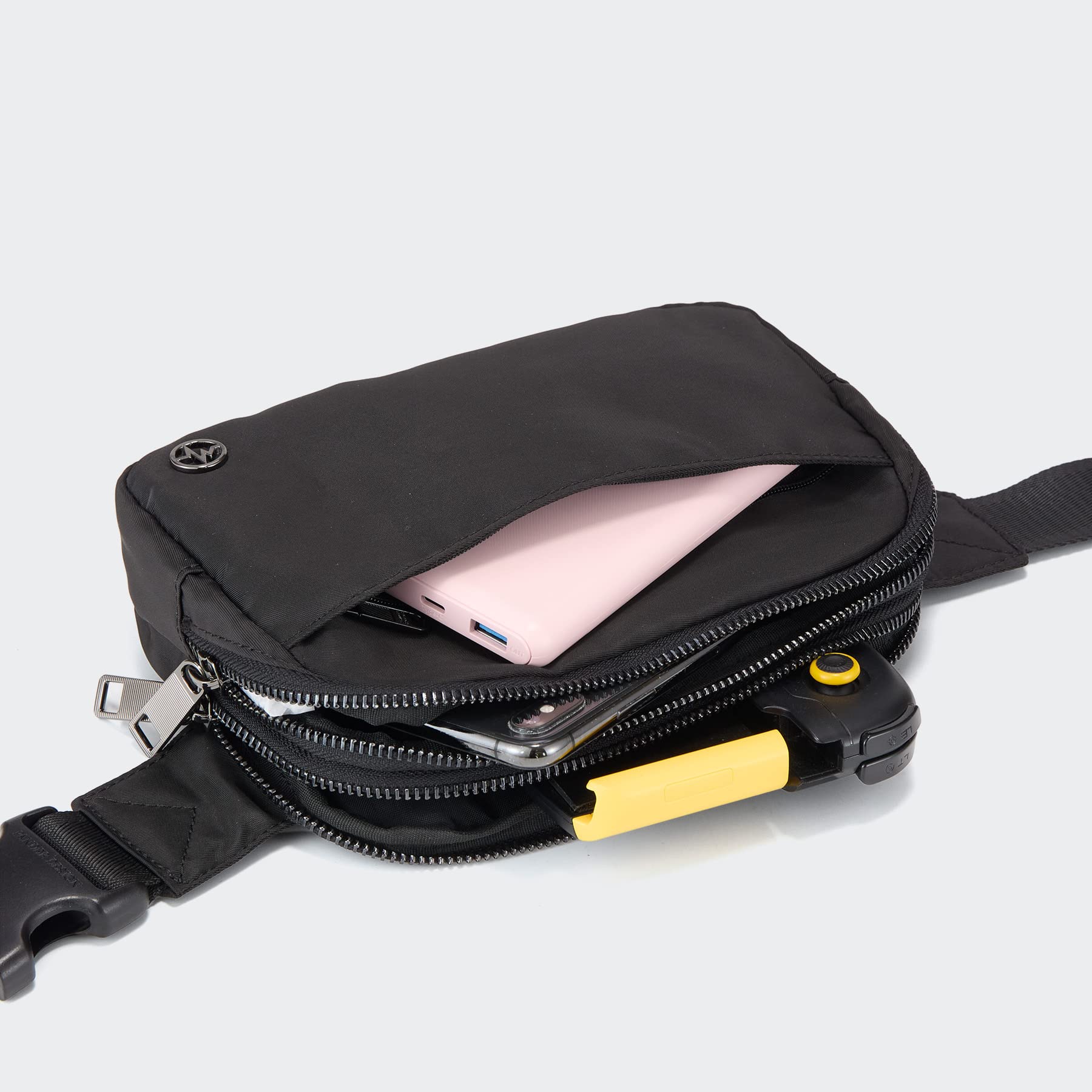 Pander Everywhere Belt Bag for Women, 5 Zipper Pockets Nylon Crossbody Fanny Pack Purse (Black)