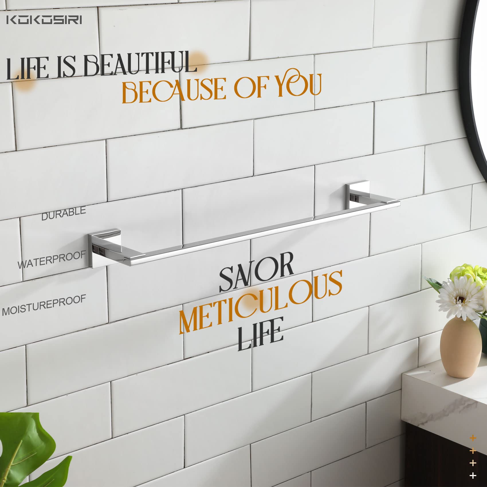 KOKOSIRI Bath Towel Bar Chrome Bathroom Hardware Towel Holder Wall Mounted for Kitchen Toilet 24 Inches Necklace Holder Polished Stainless Steel B4006CH-L24