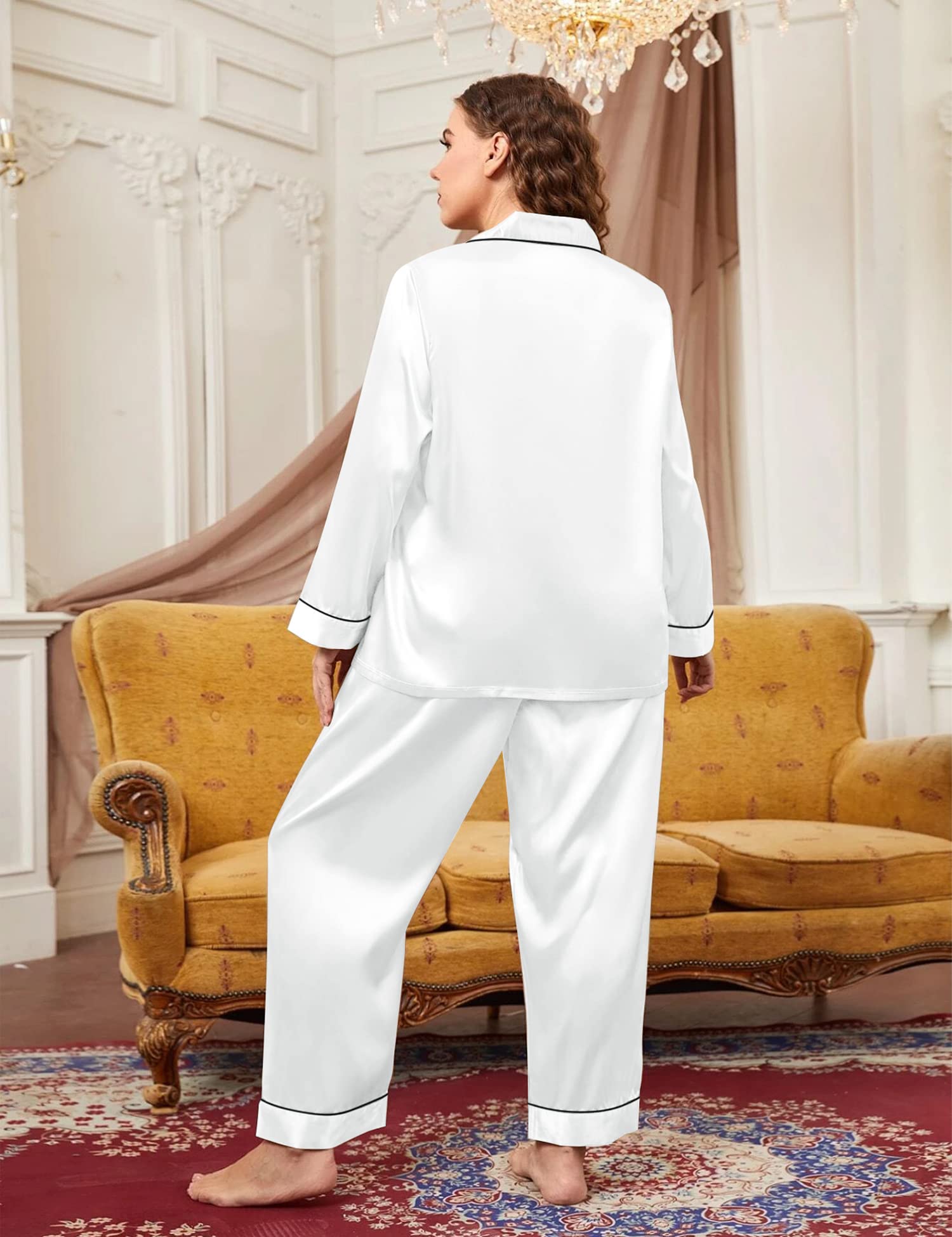 SWOMOG White Pajama Set for Plus Size Women Silk Satin Pajamas Long Sleeve Pjs Button-Down Pj Set Soft Sleepwear Set 18W