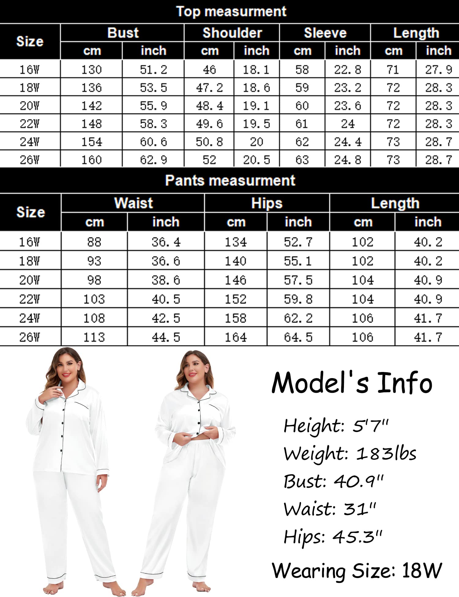 SWOMOG White Pajama Set for Plus Size Women Silk Satin Pajamas Long Sleeve Pjs Button-Down Pj Set Soft Sleepwear Set 18W