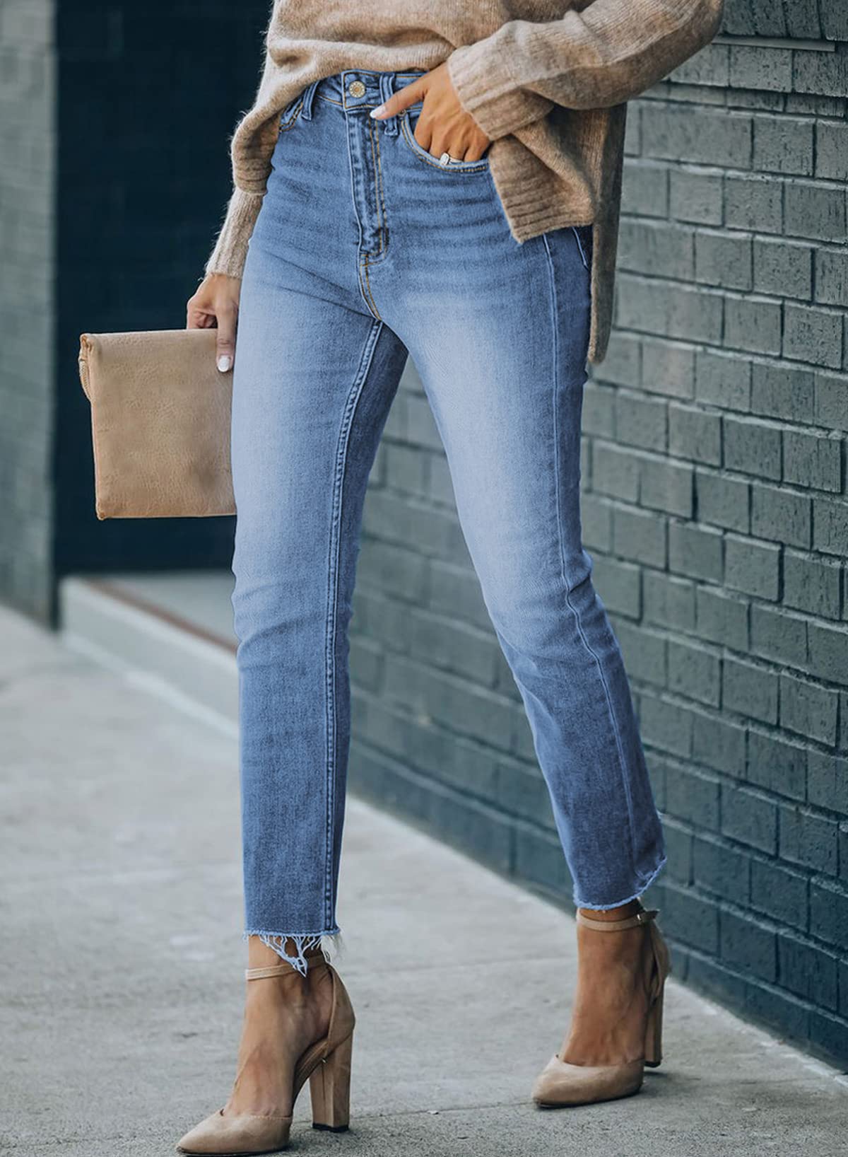 Sidefeel Women's Classic Skinny Frayed Ankle Denim Zimbaplatinum Stretch Straight Jeans Size 14 Blue