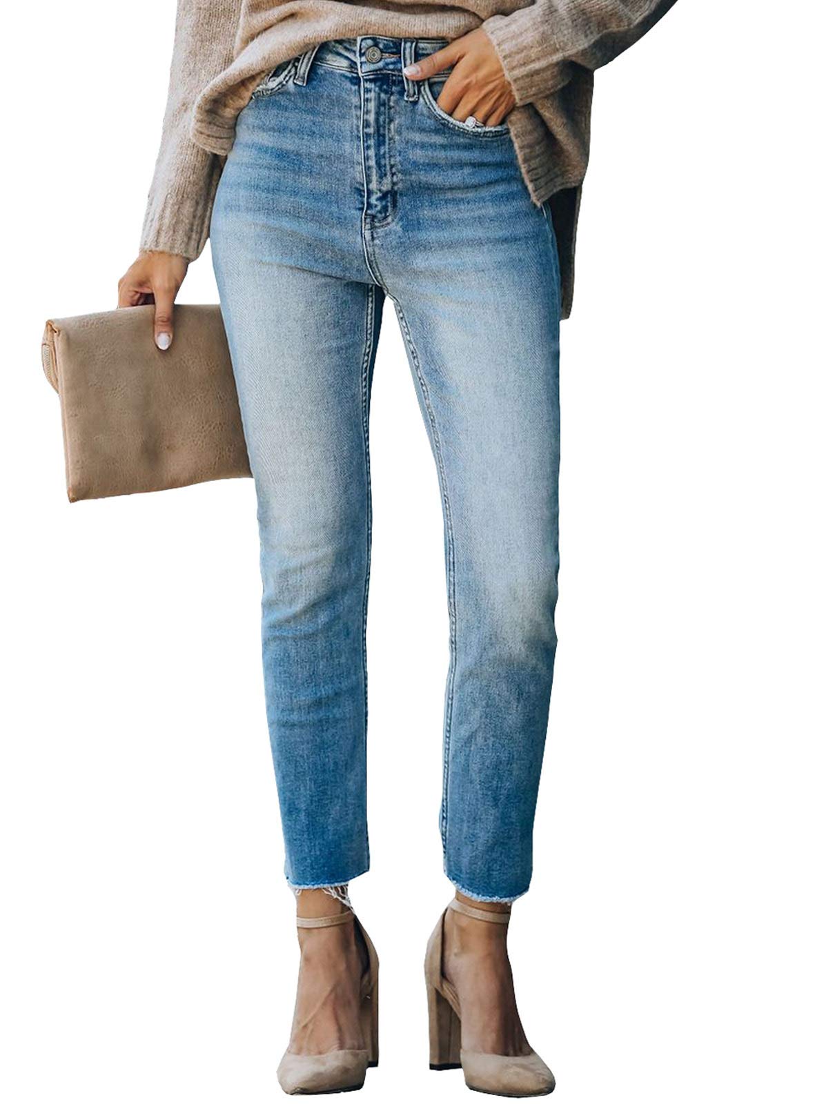 Sidefeel Women's Classic Skinny Frayed Ankle Denim Zimbaplatinum Stretch Straight Jeans Size 14 Blue