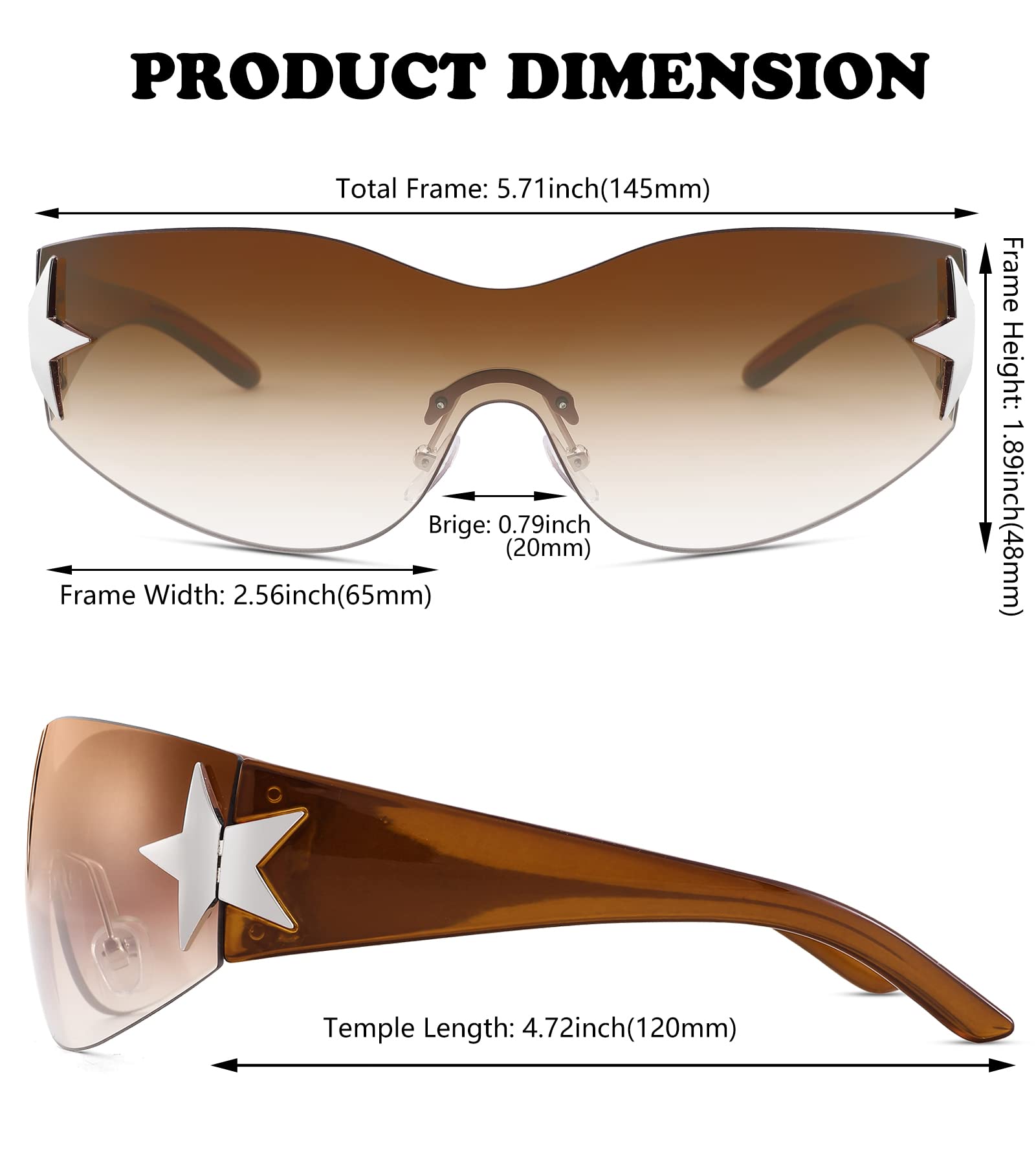 NULOOQ Rimless Y2K Sunglasses for Women Men β Trendy Star Shield Wrap Around Sunglasses Oversized Frameless Sun Glasses (Brown/Gradient Brown)