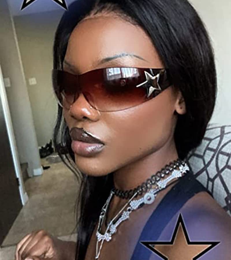 NULOOQ Rimless Y2K Sunglasses for Women Men β Trendy Star Shield Wrap Around Sunglasses Oversized Frameless Sun Glasses (Brown/Gradient Brown)