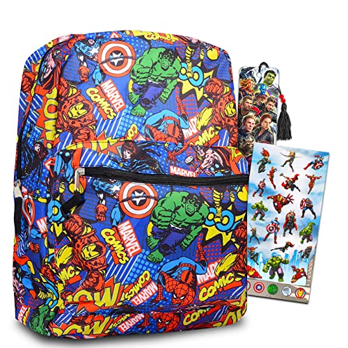 Marvel Avengers 16” Backpack School Supplies For Boys, Kids - 3 Pc Bundle With Avengers School Bag, Superhero Stickers And Bookmark | Avengers School Travel Bag