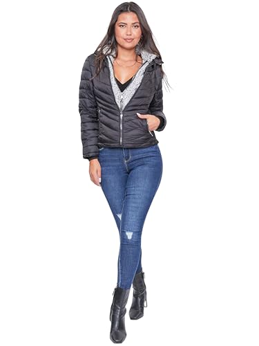 YMI Women's Junior Full Length Puffer Jacket With Detachable Sherpa Hood, BLACK, XL