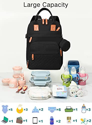 UISKOOPW Diaper Backpack, Baby Nappy Waterproof Changing Bags Travel BackPack with Changing Pad & Stroller Straps (Black)